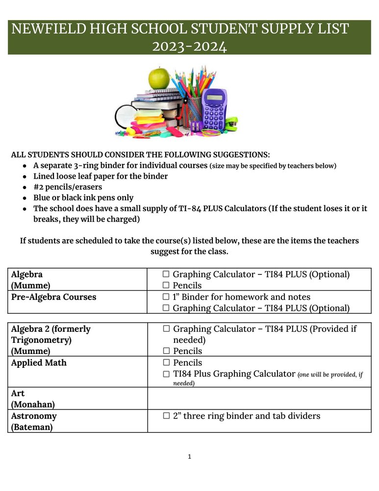 High School Student Supply list 2023-24 | Newfield High School